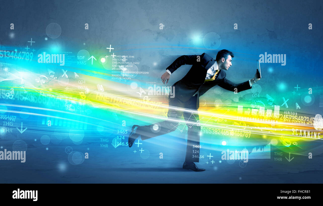 Business man running in high tech wave concept Stock Photo - Alamy