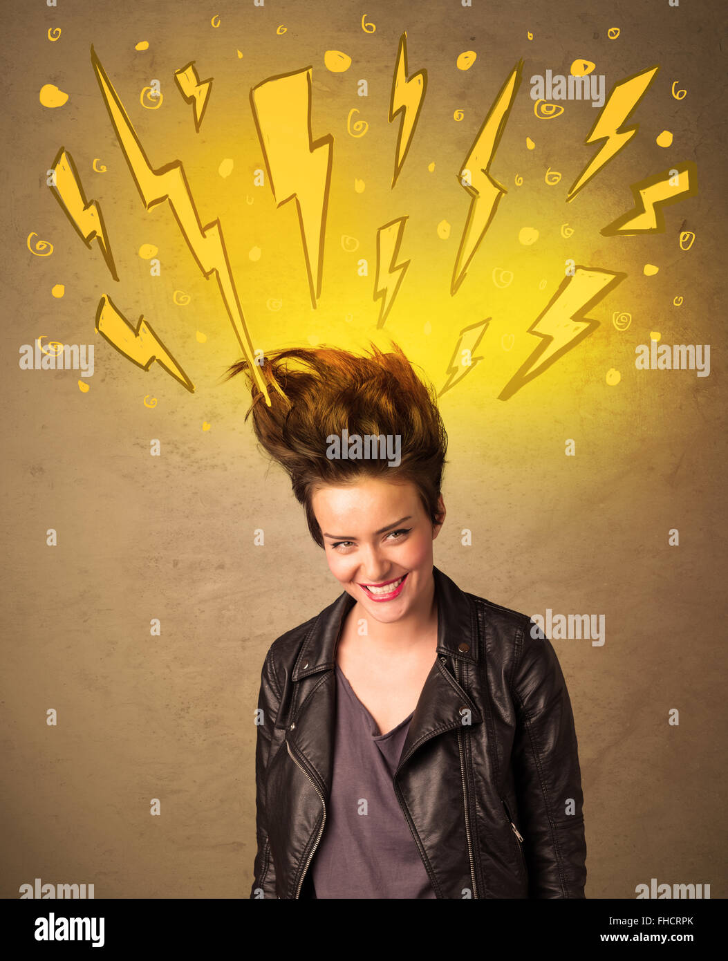 Young woman with hair style and hand drawn lightnings Stock Photo - Alamy