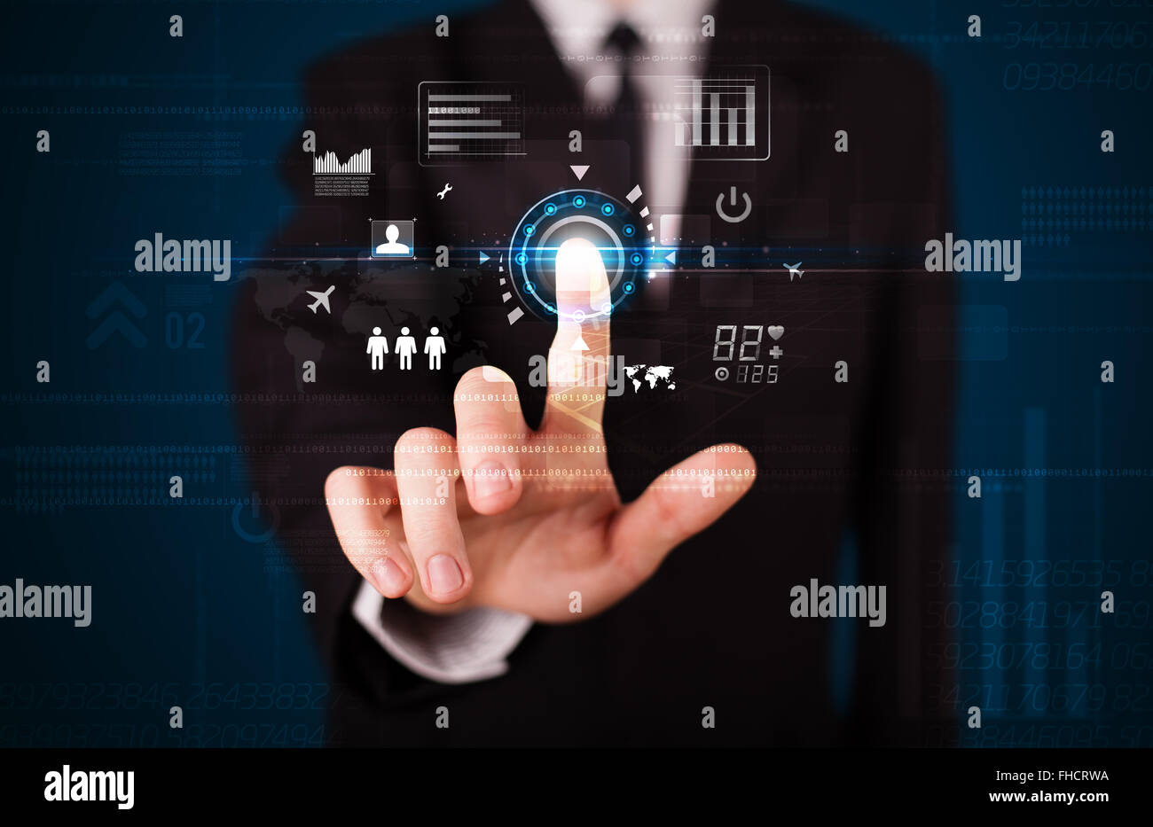Handsome businessman touching future web technology buttons and icons ...