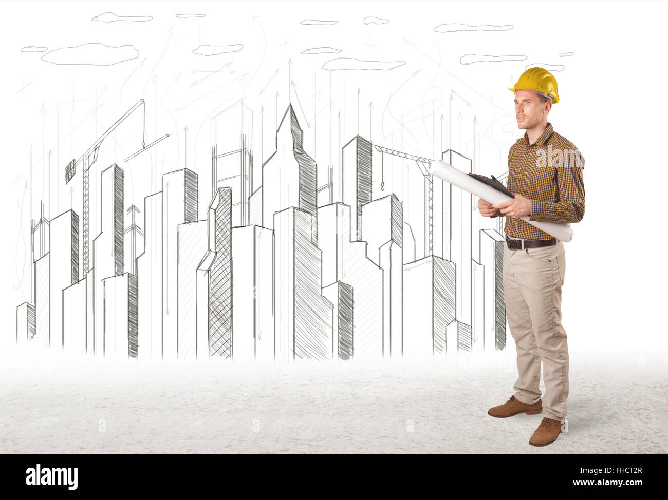 Engineer man with building city drawing in background Stock Photo - Alamy