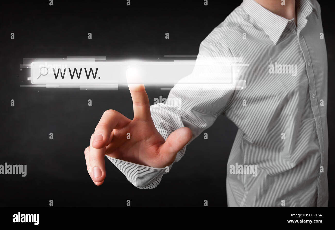Young businessman touching web browser address bar with www sign Stock ...
