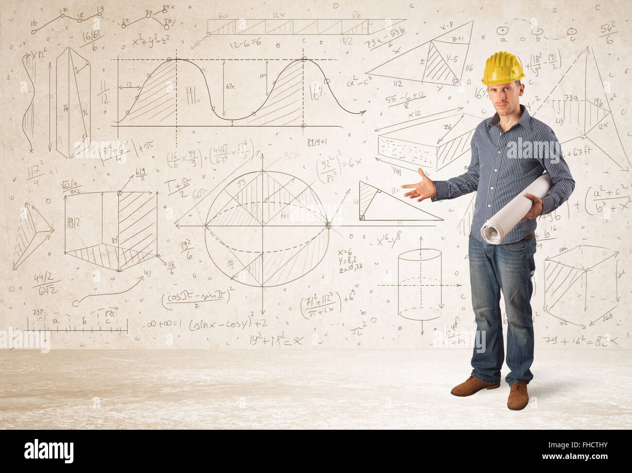 Handsome engineer calculating with hand drawn background Stock Photo ...