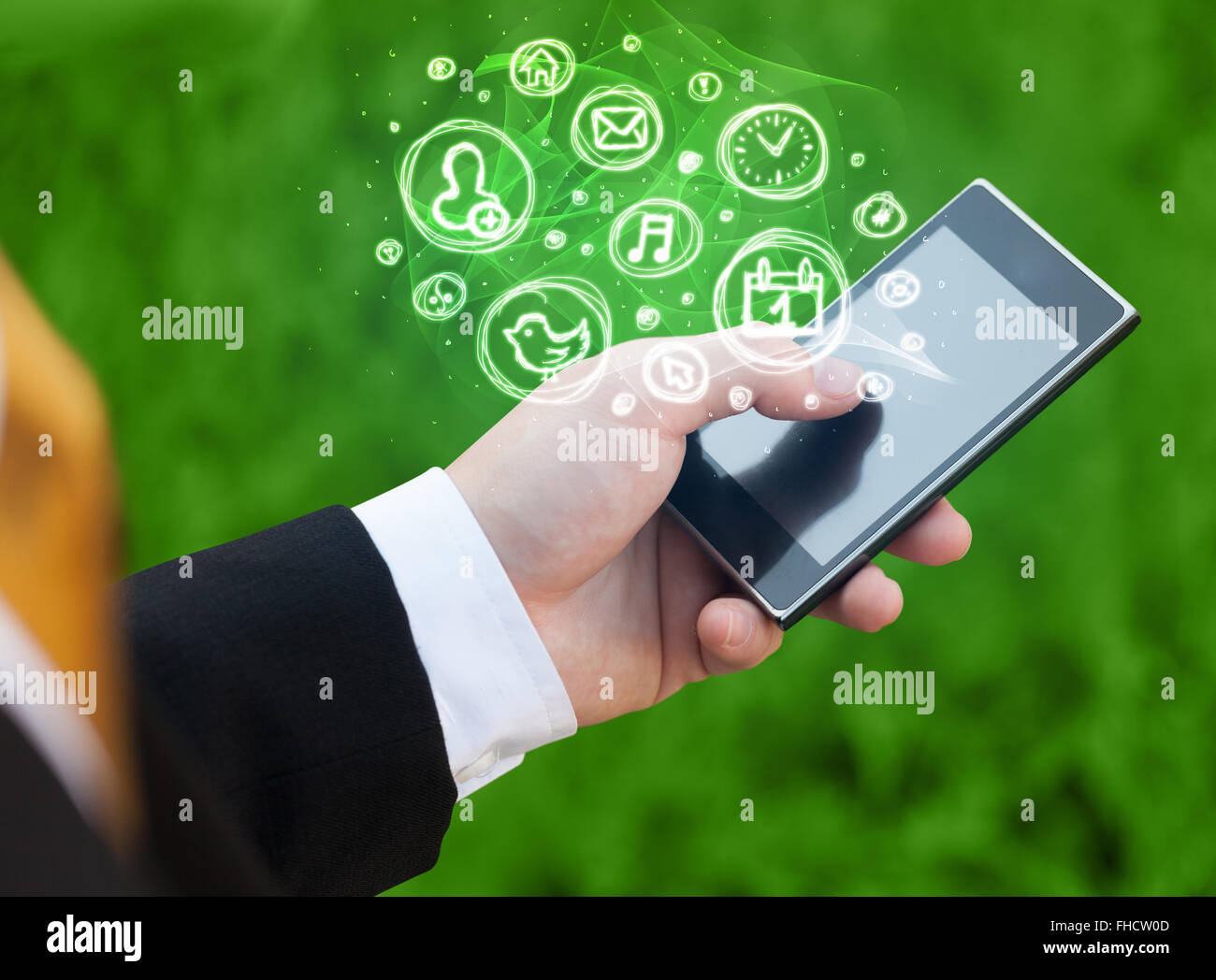 Hand holding smartphone with mobile app choices Stock Photo - Alamy