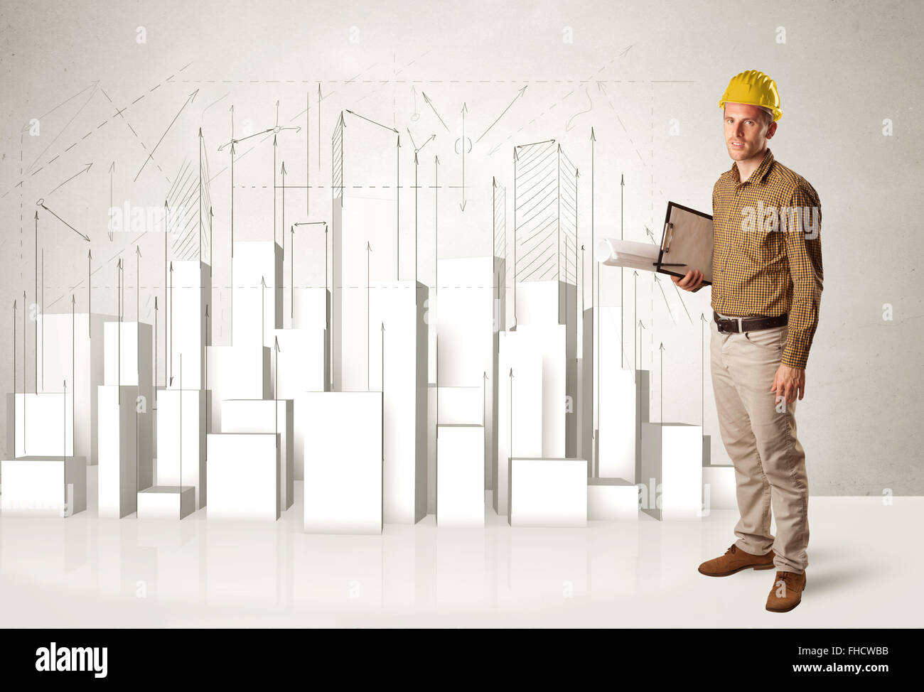 Construction worker planing with 3d buildings in background Stock Photo ...