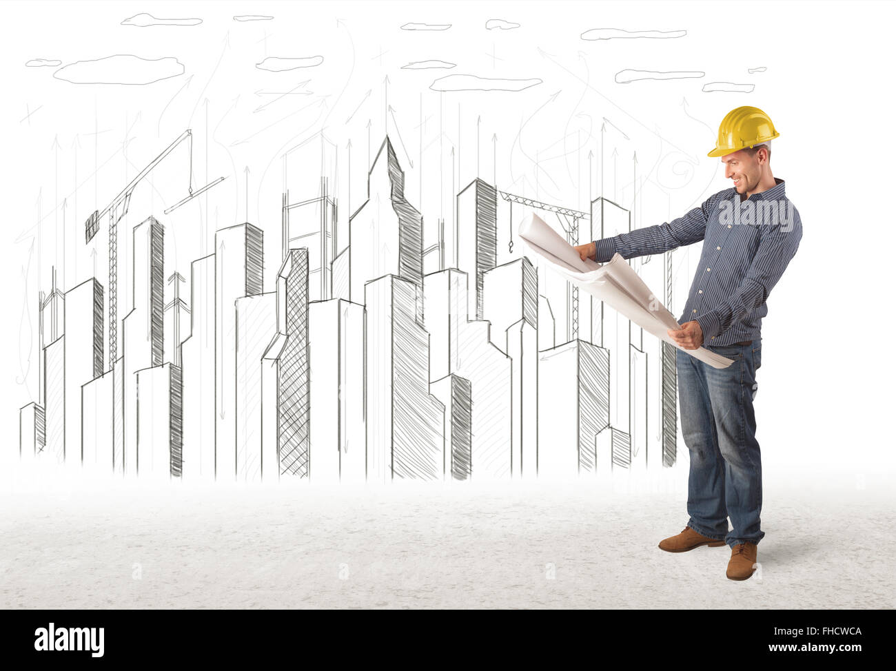Engineer man with building city drawing in background Stock Photo - Alamy