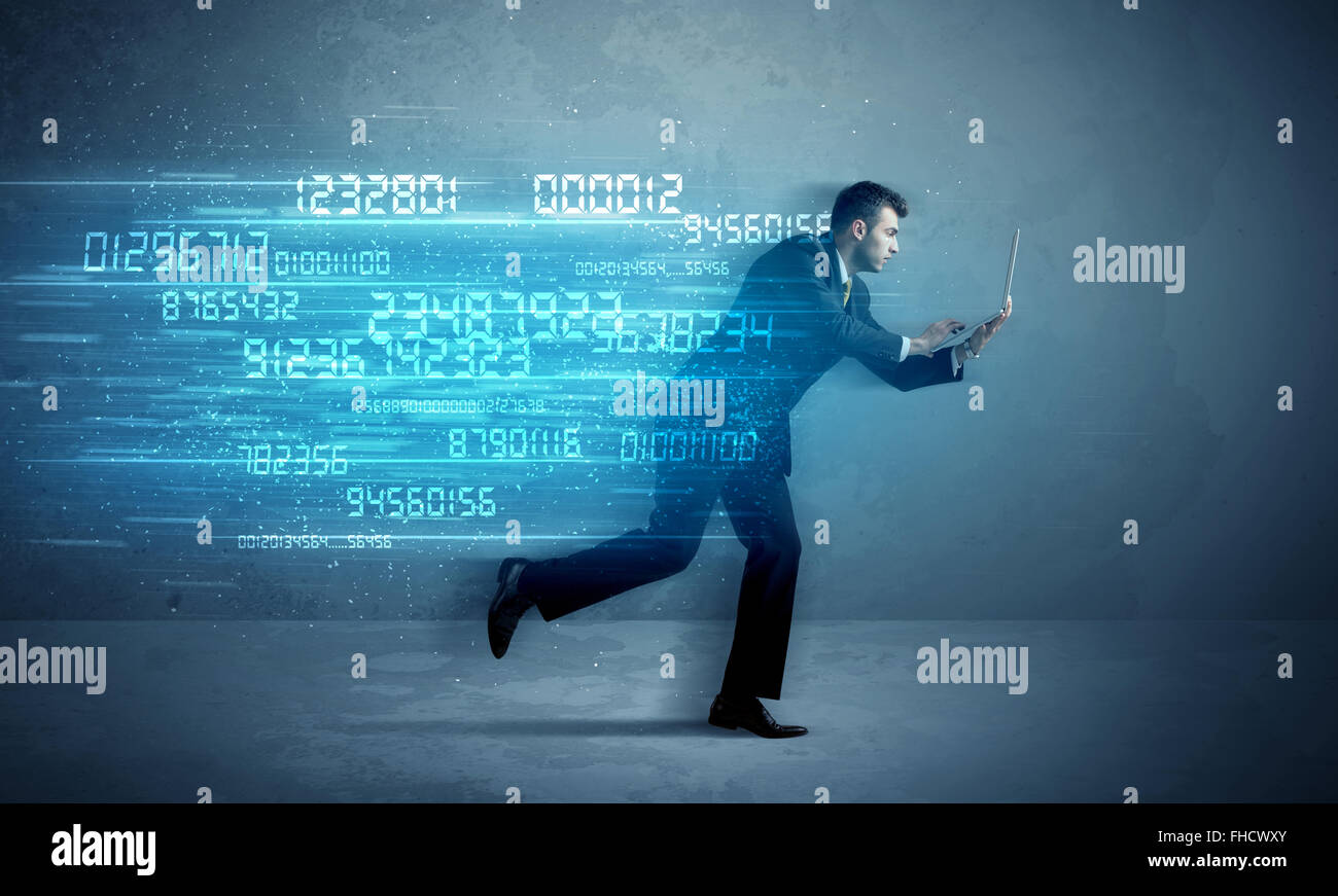 Business man running with device and data concept Stock Photo - Alamy