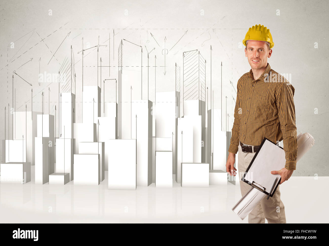 Construction worker planing with 3d buildings in background Stock Photo ...