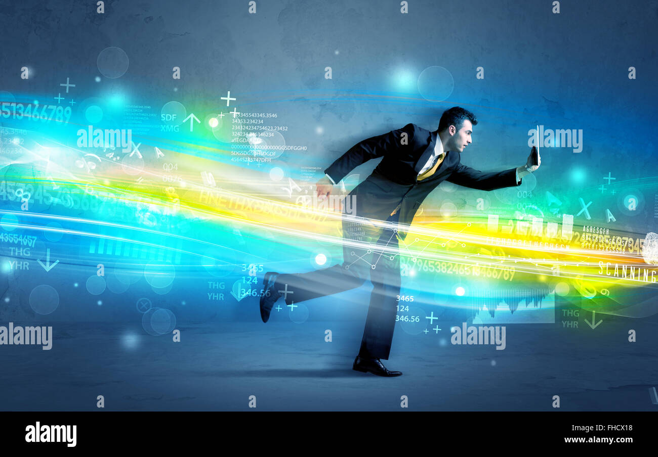 Business man running in high tech wave concept Stock Photo - Alamy