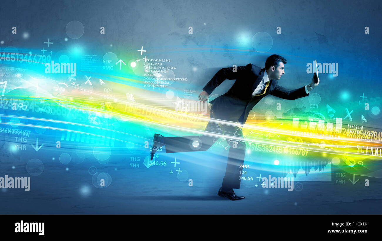 Business man running in high tech wave concept Stock Photo - Alamy
