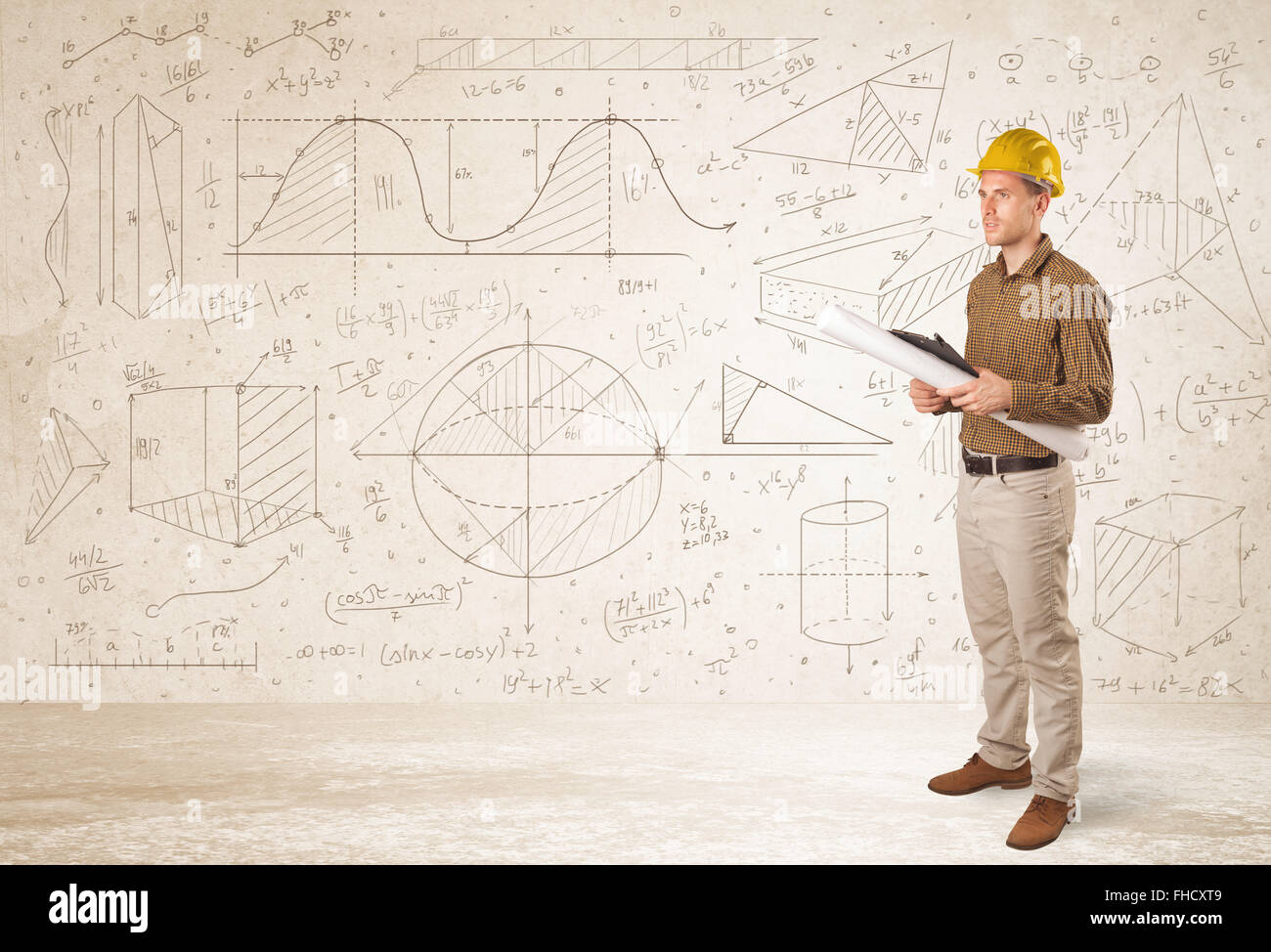 Handsome engineer calculating with hand drawn background Stock Photo - Alamy