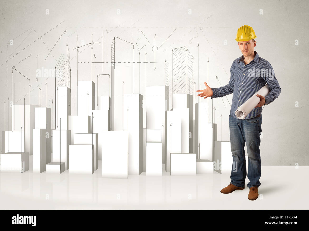 Construction worker planing with 3d buildings in background Stock Photo ...