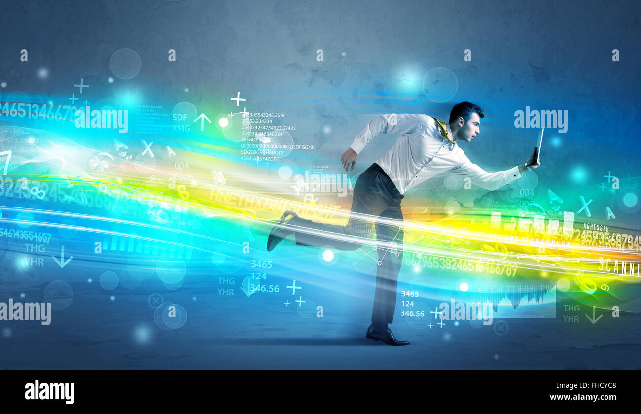 Business man running in high tech wave concept Stock Photo - Alamy