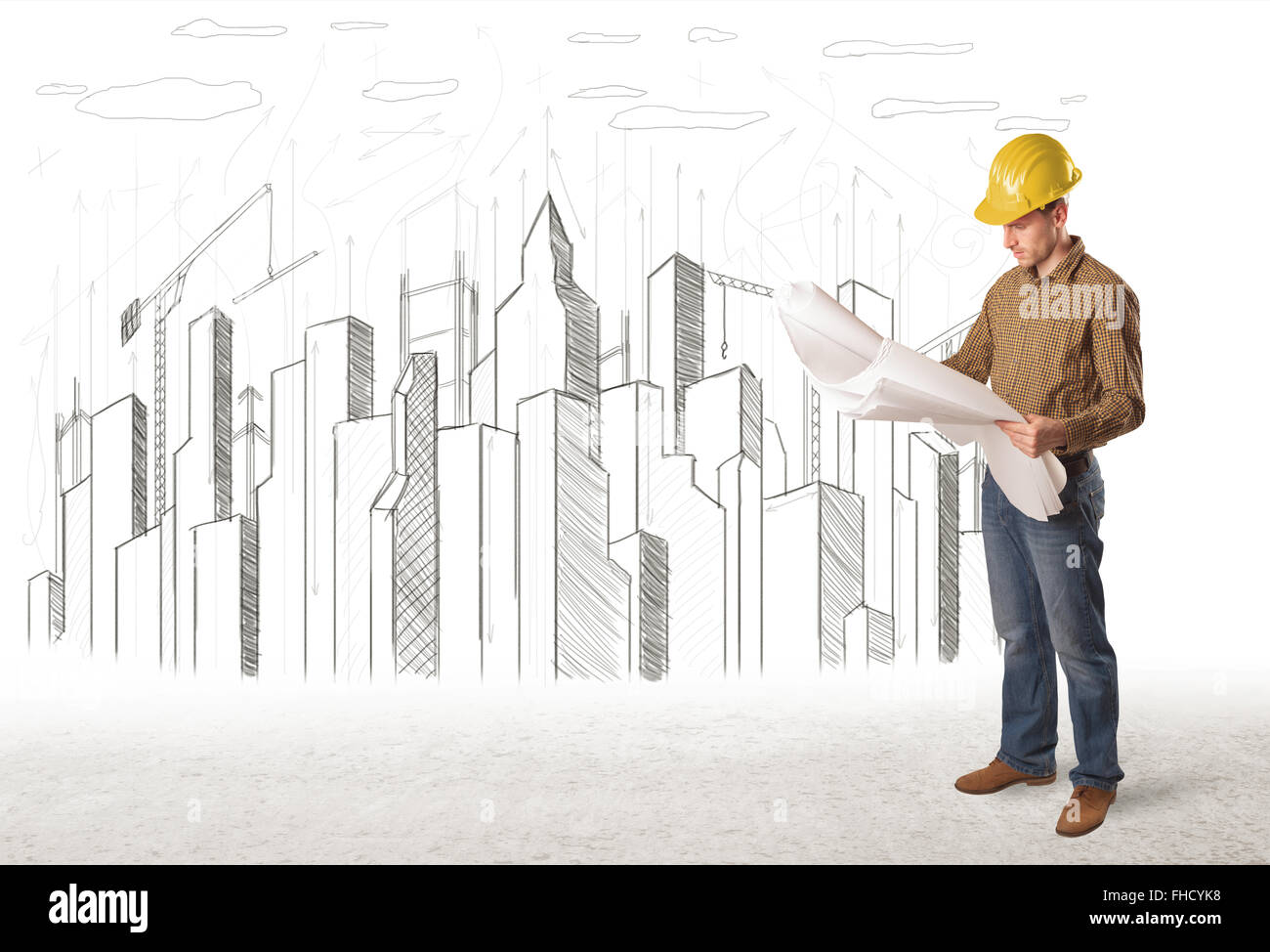 Engineer man with building city drawing in background Stock Photo - Alamy