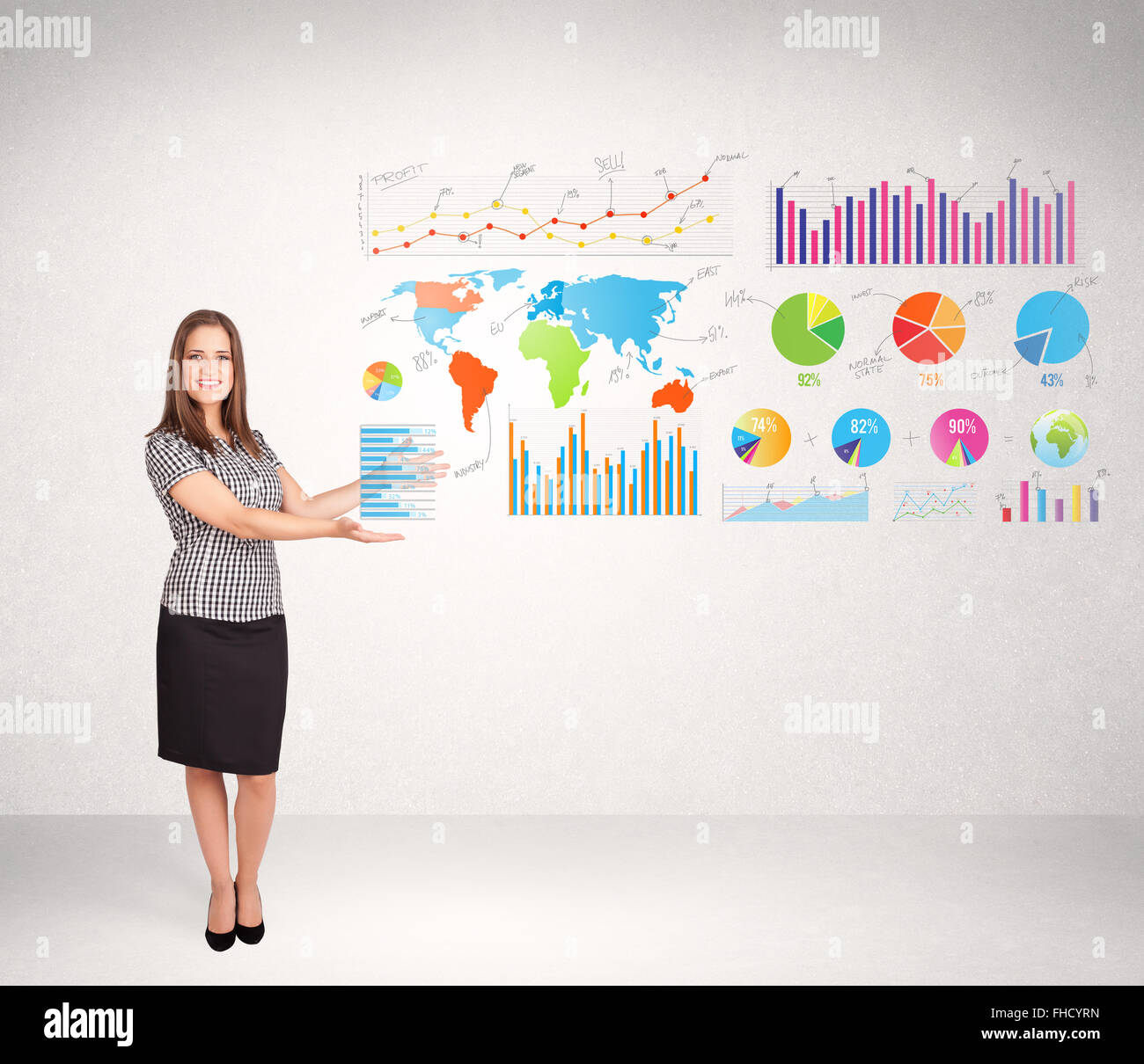 Business woman with colorful graphs and charts Stock Photo - Alamy