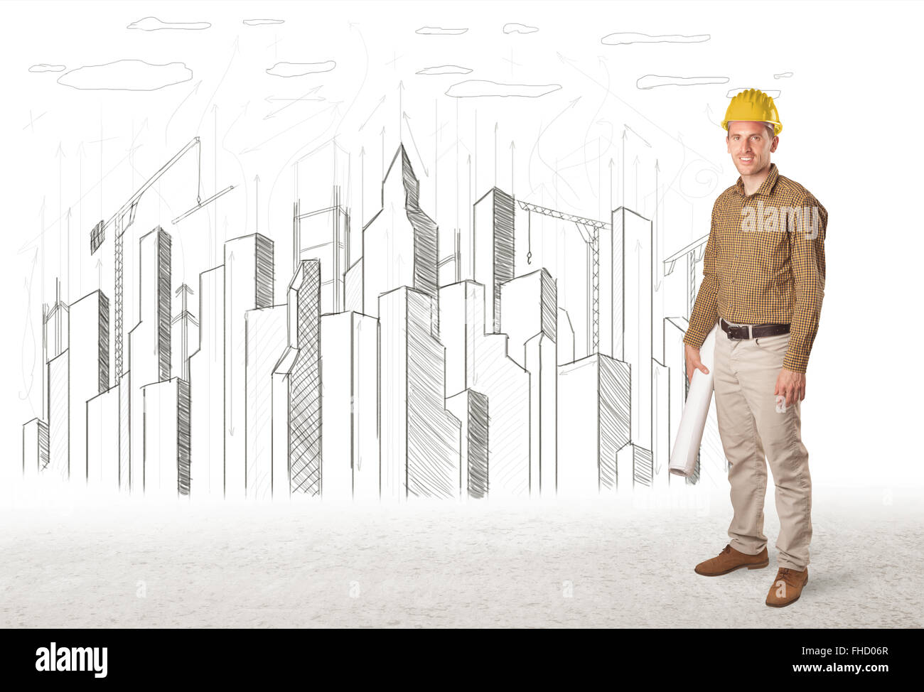 Engineer man with building city drawing in background Stock Photo - Alamy