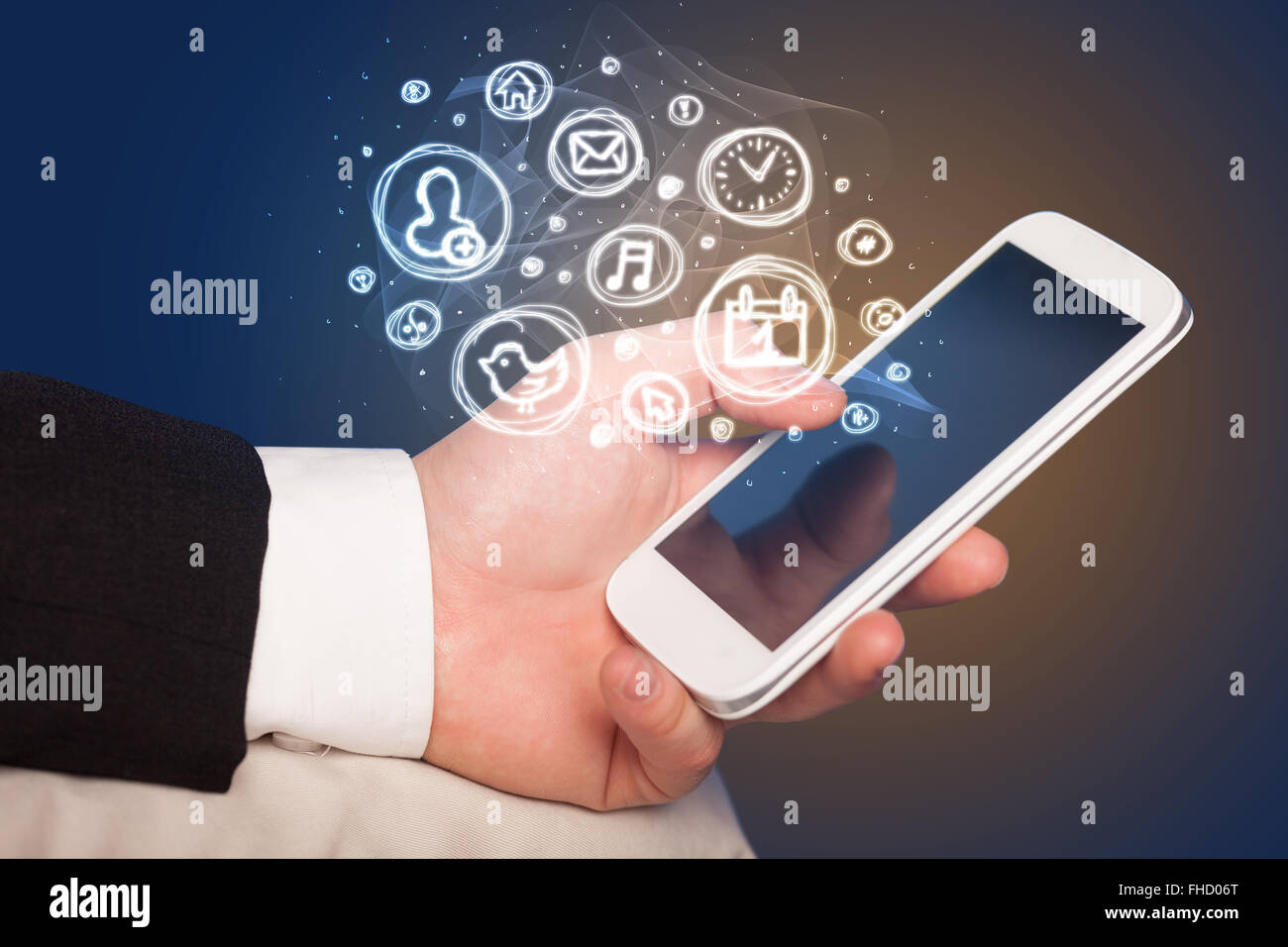Hand holding smartphone with mobile app choices Stock Photo - Alamy