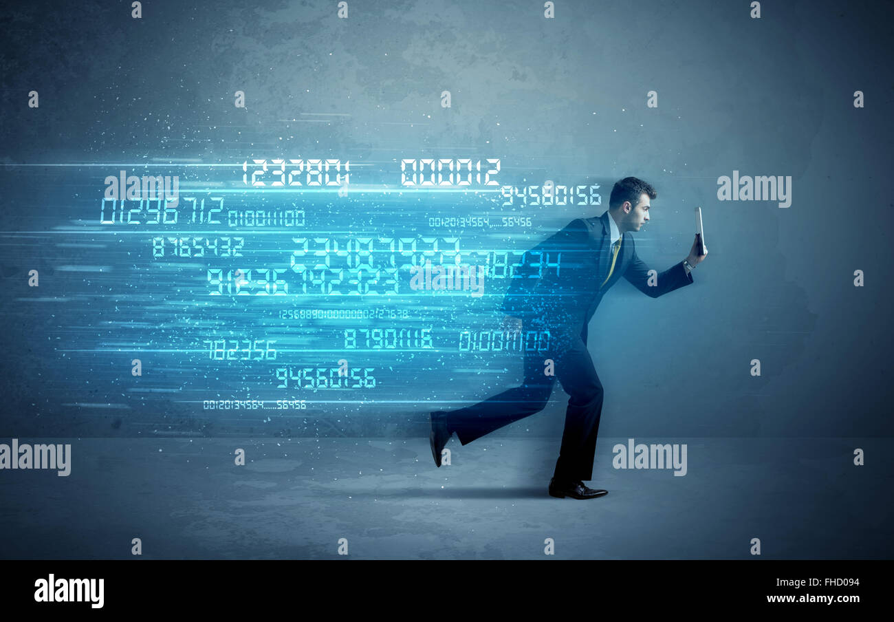 Business man running with device and data concept Stock Photo - Alamy