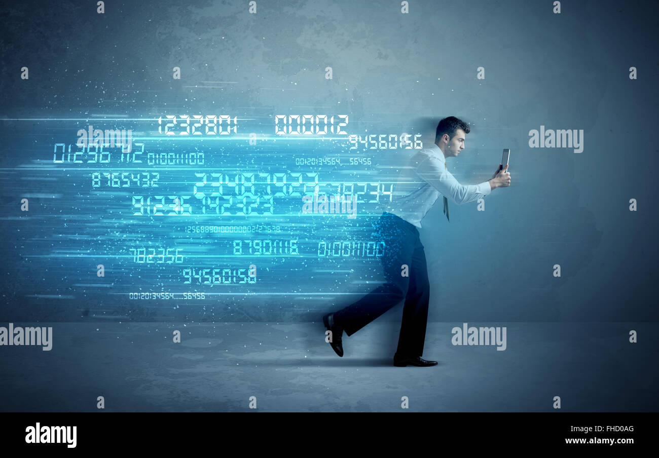 Business man running with device and data concept Stock Photo - Alamy