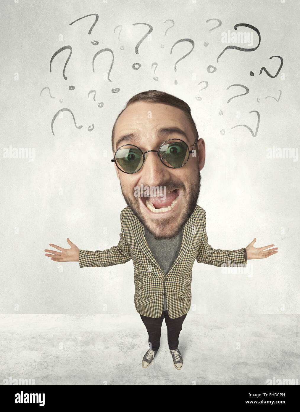 Big head person with question marks Stock Photo - Alamy