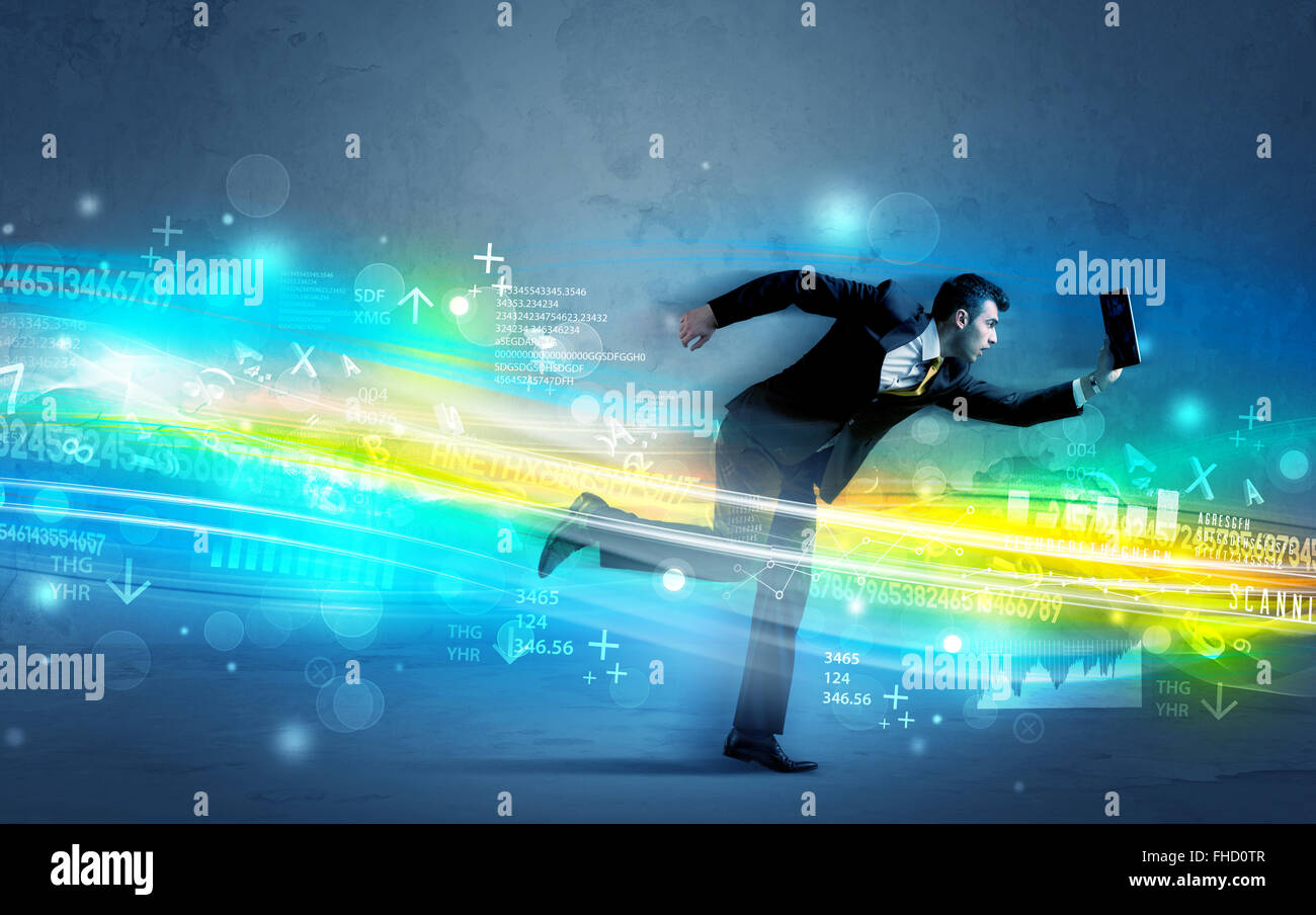 Business man running in high tech wave concept Stock Photo - Alamy