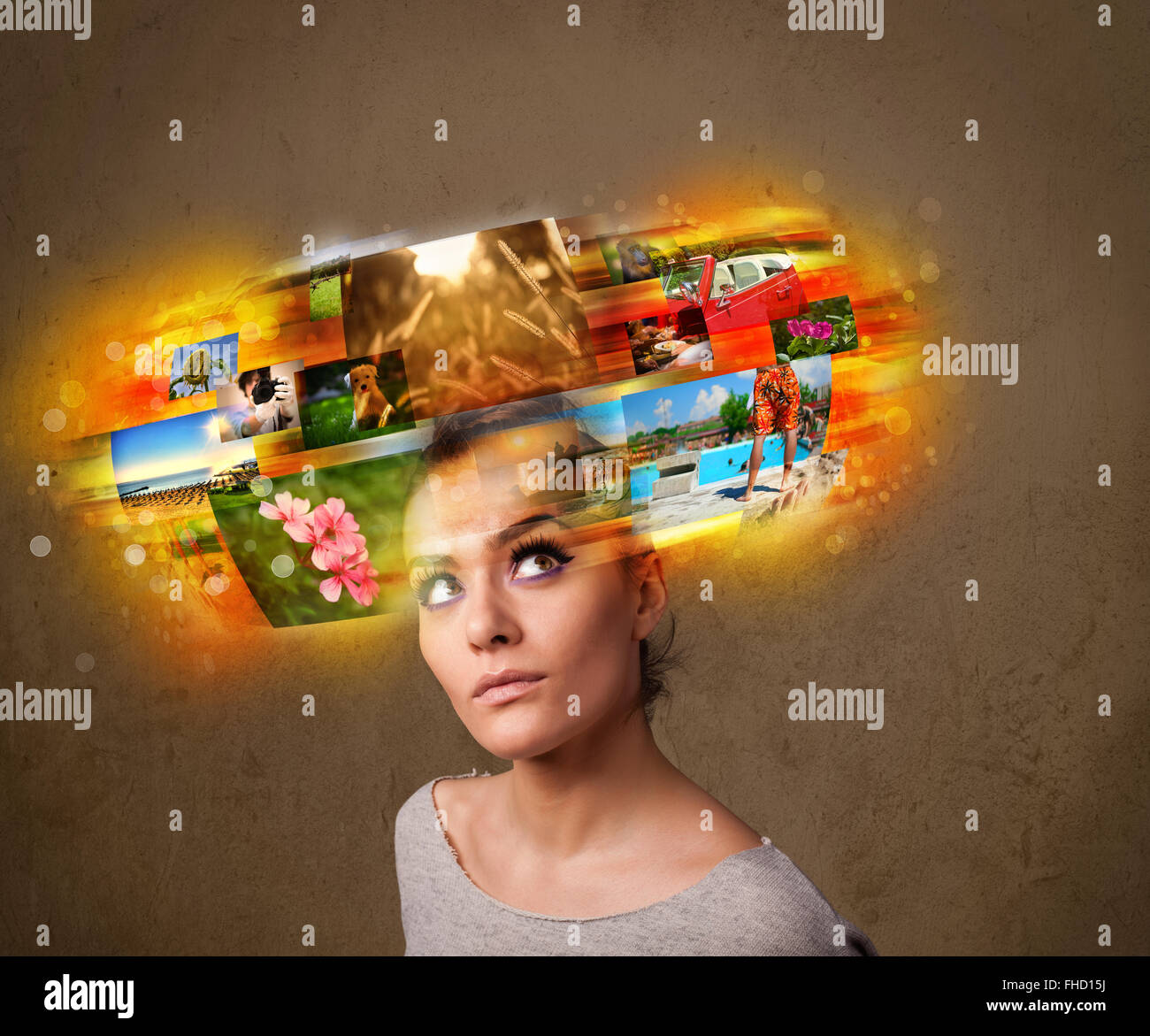 girl with colorful glowing photo memories concept Stock Photo - Alamy