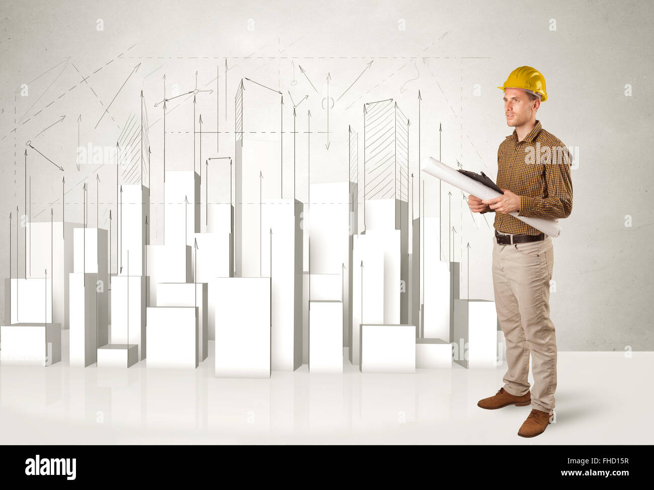 Construction worker planing with 3d buildings in background Stock Photo ...