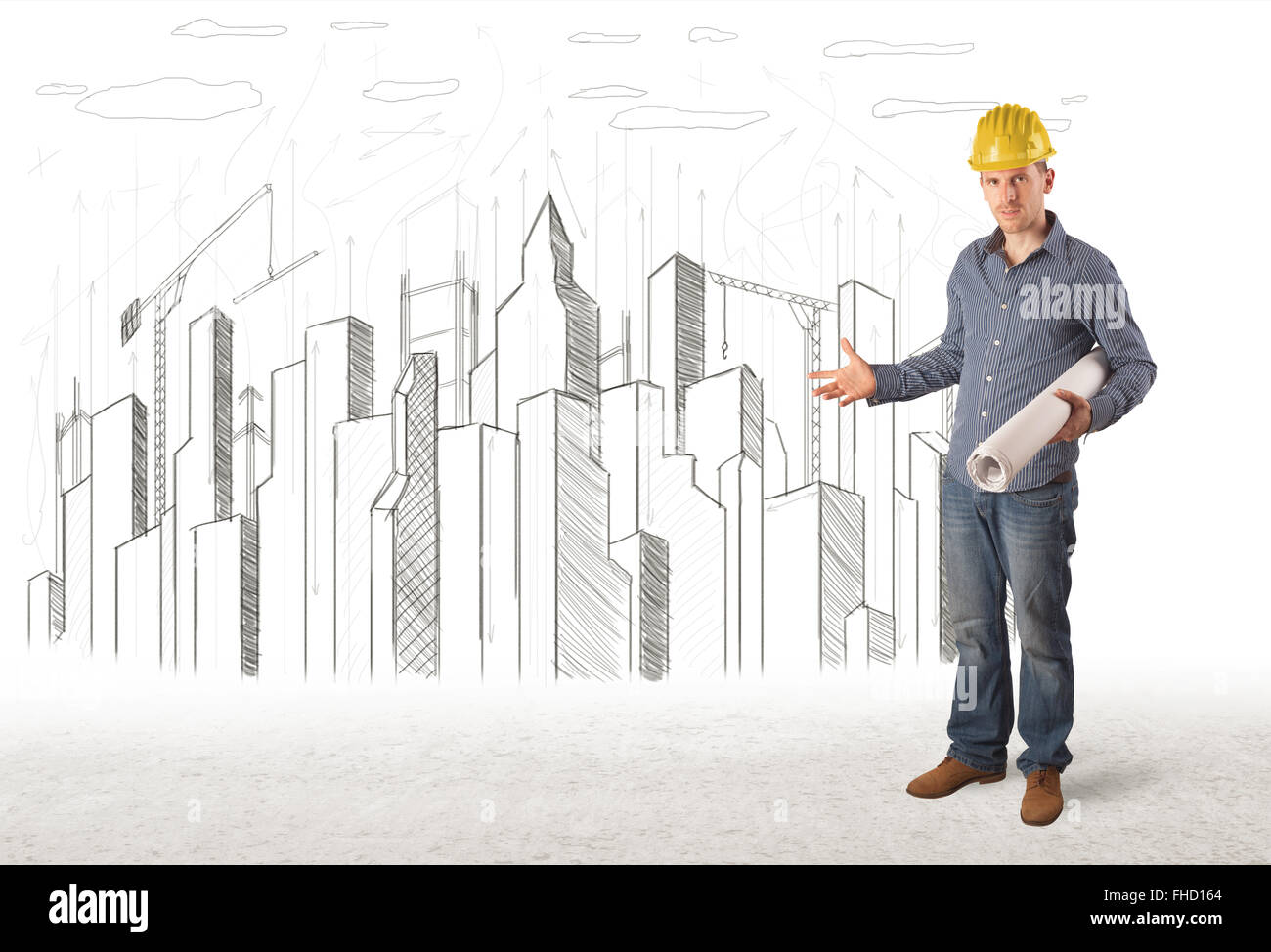 Engineer man with building city drawing in background Stock Photo - Alamy