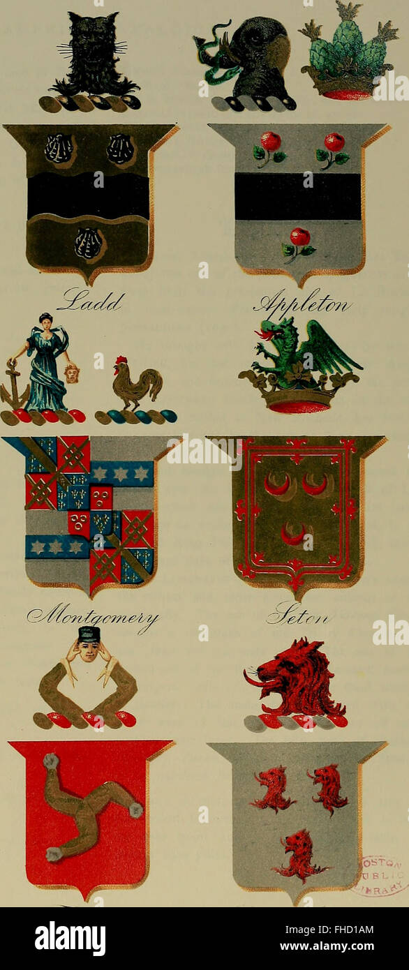 A 1887 compilation detailing the coats of arms, family crests, and ...
