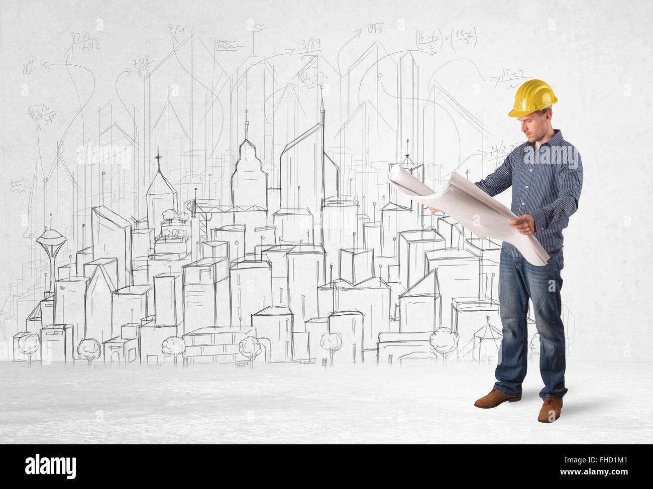 Construction worker with cityscape background Stock Photo - Alamy