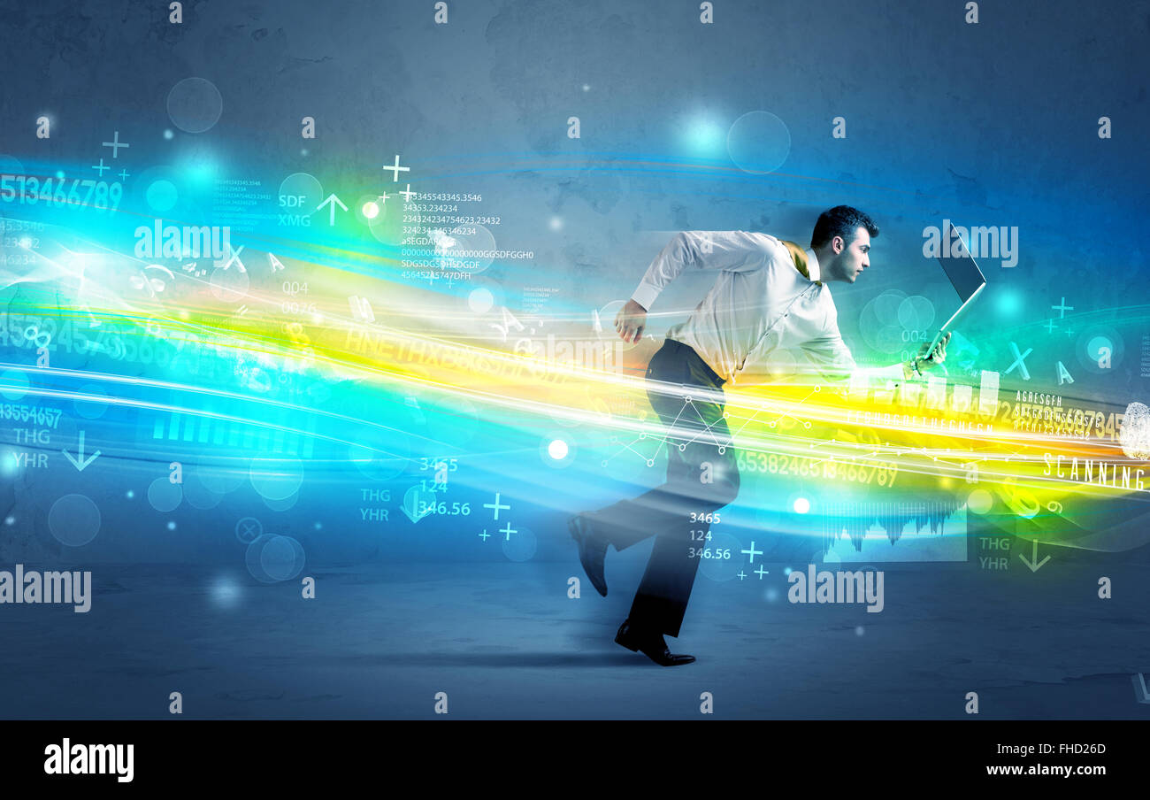 Business man running in high tech wave concept Stock Photo - Alamy