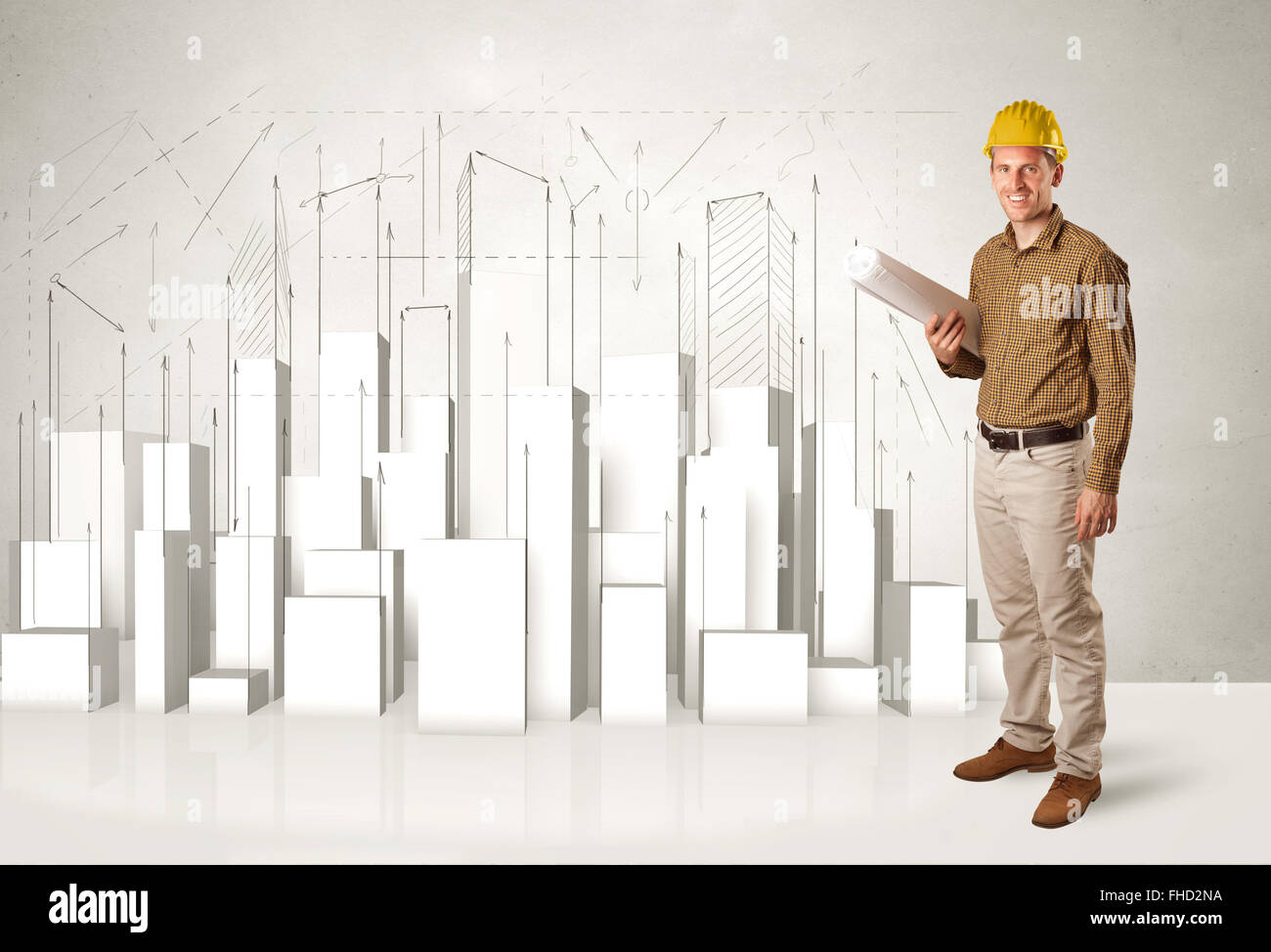 Construction worker planing with 3d buildings in background Stock Photo ...