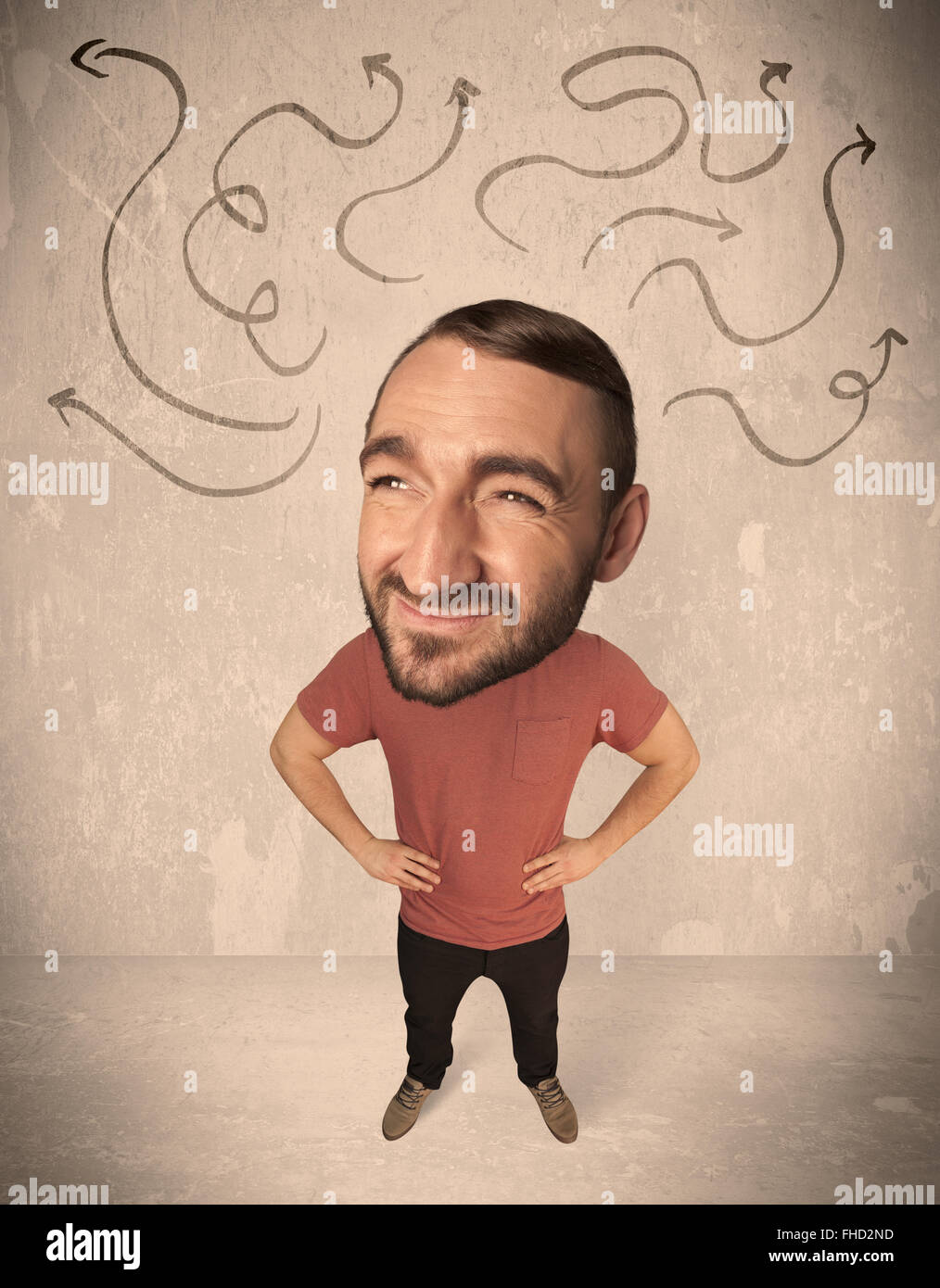 Big head person with arrows Stock Photo - Alamy