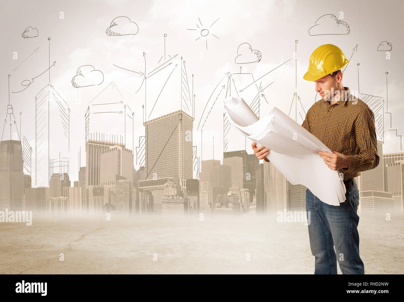 Business engineer planing at construction site with city background ...