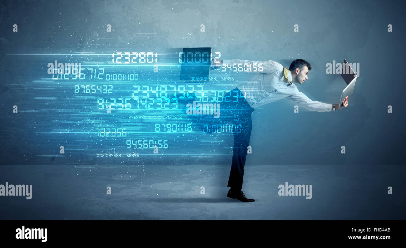 Business man running with device and data concept Stock Photo - Alamy