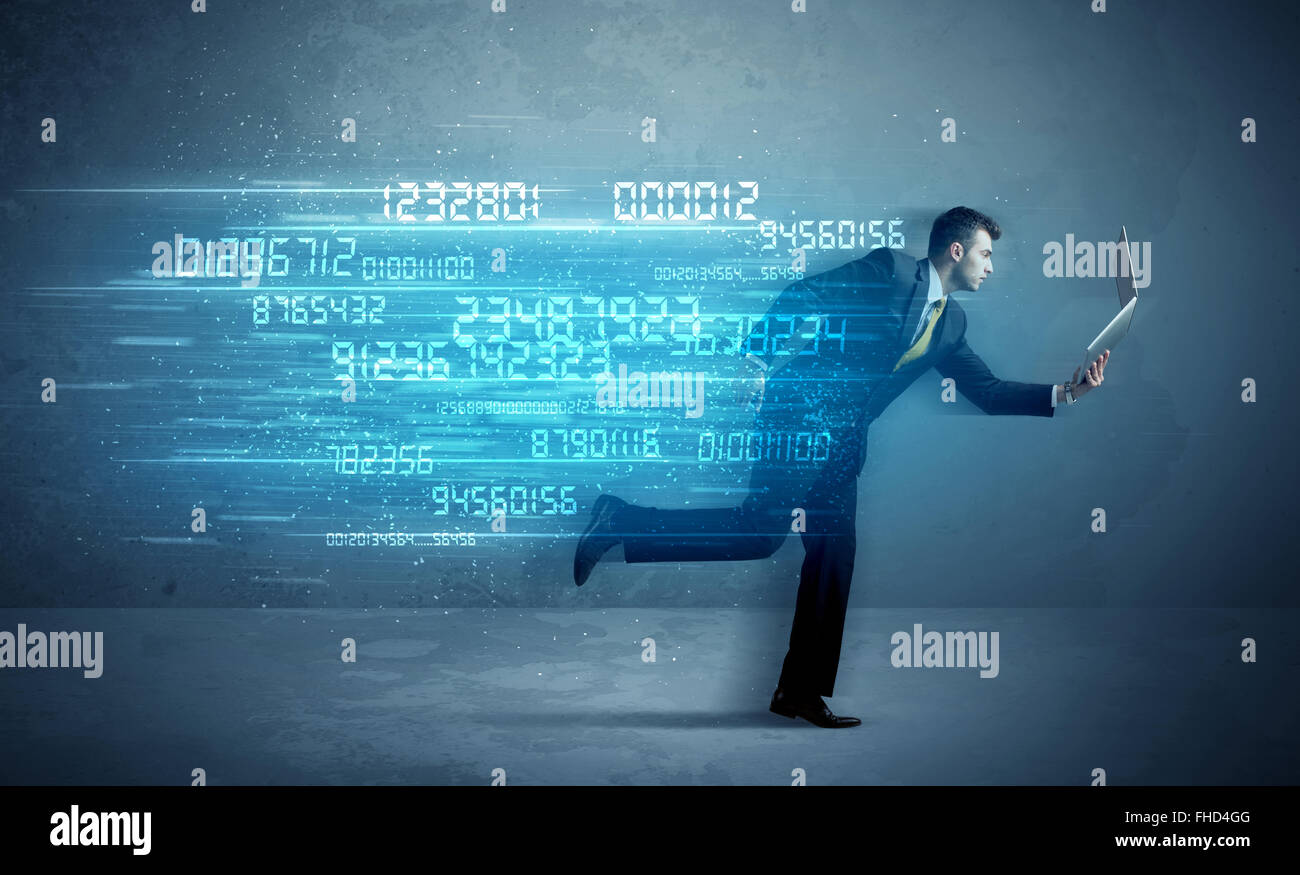 Business man running with device and data concept Stock Photo - Alamy