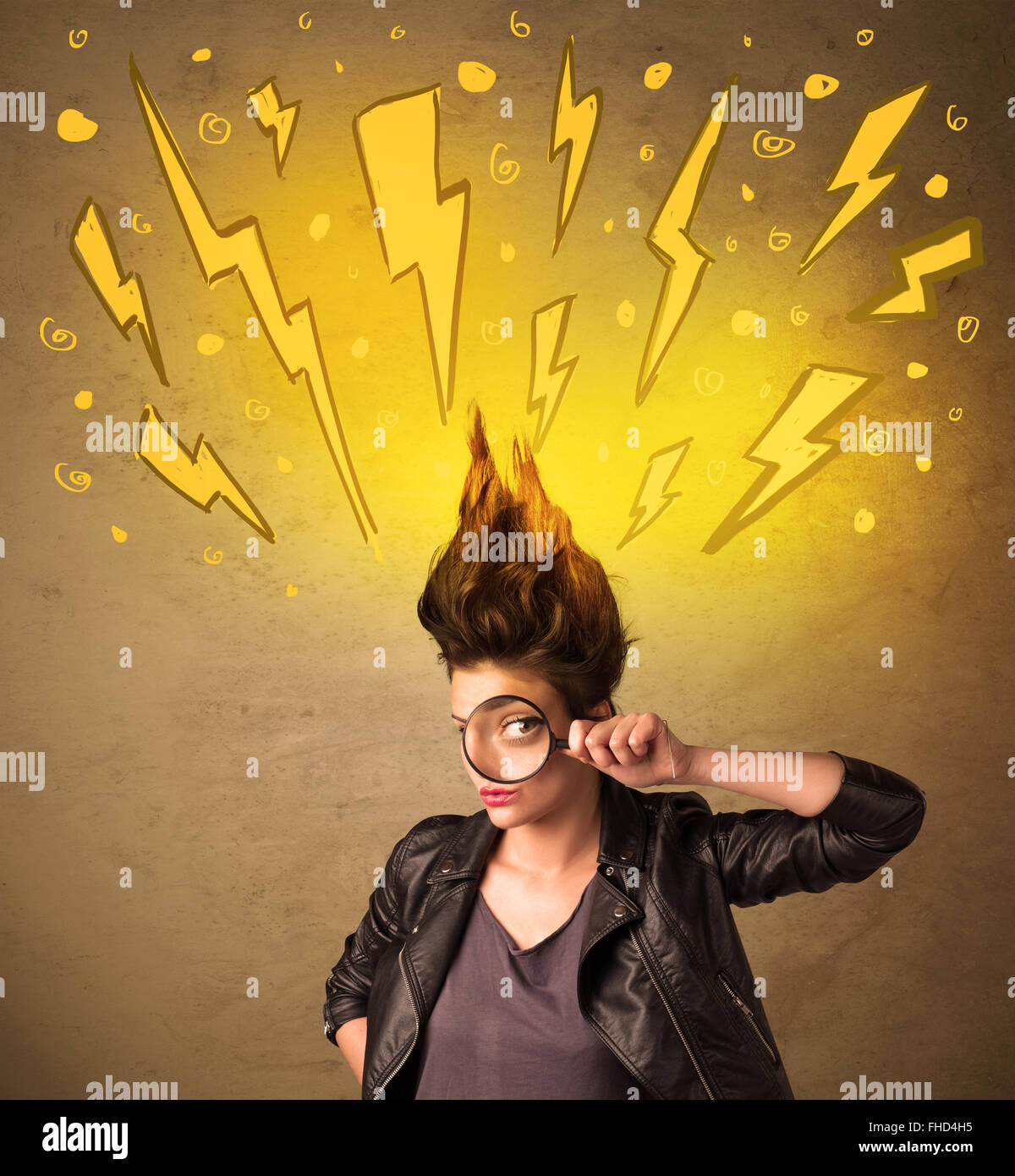 Young woman with hair style and hand drawn lightnings Stock Photo - Alamy