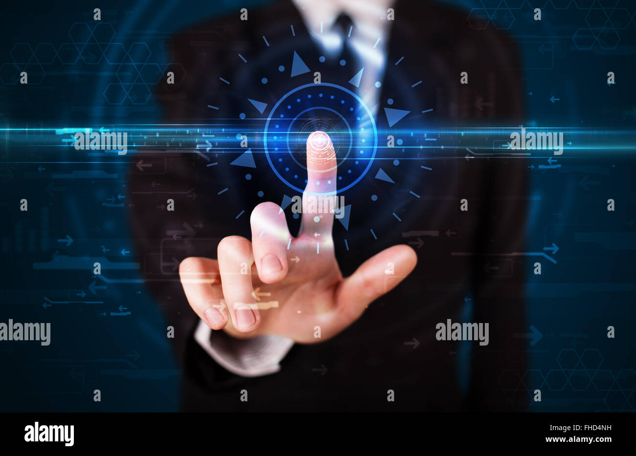 Handsome tech guy pressing high technology control panel screen concept ...