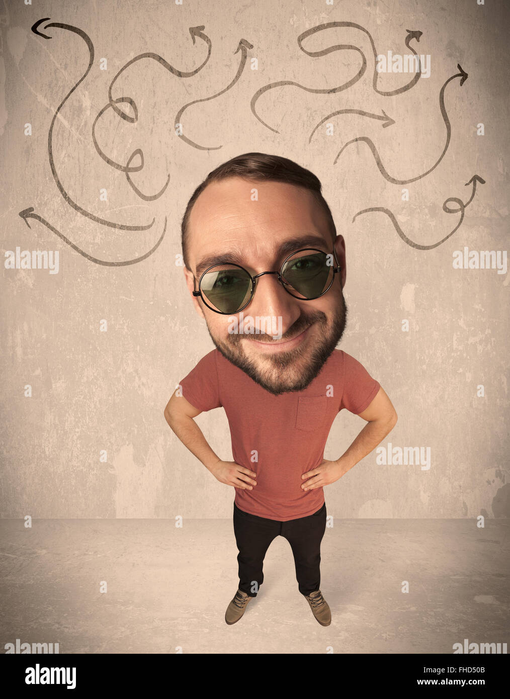 Big head person with arrows Stock Photo - Alamy