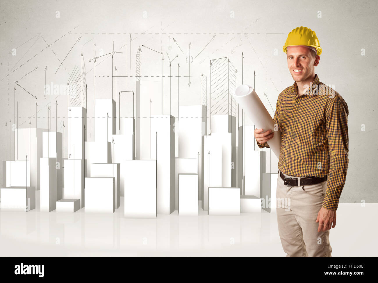 Construction worker planing with 3d buildings in background Stock Photo ...