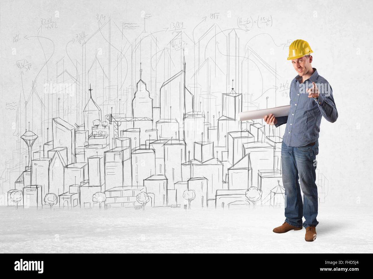 Construction worker with cityscape background Stock Photo - Alamy