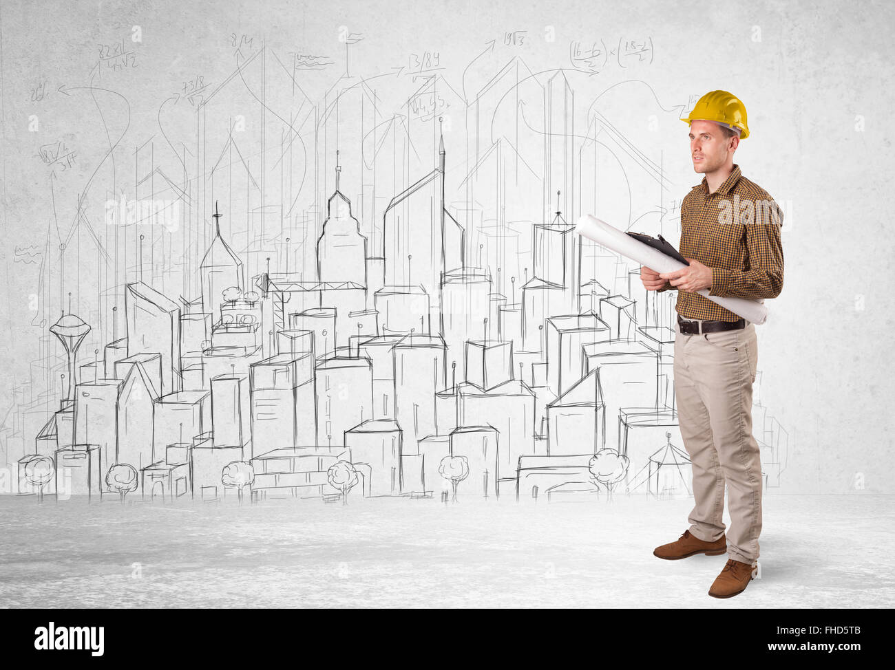Construction worker with cityscape background Stock Photo - Alamy