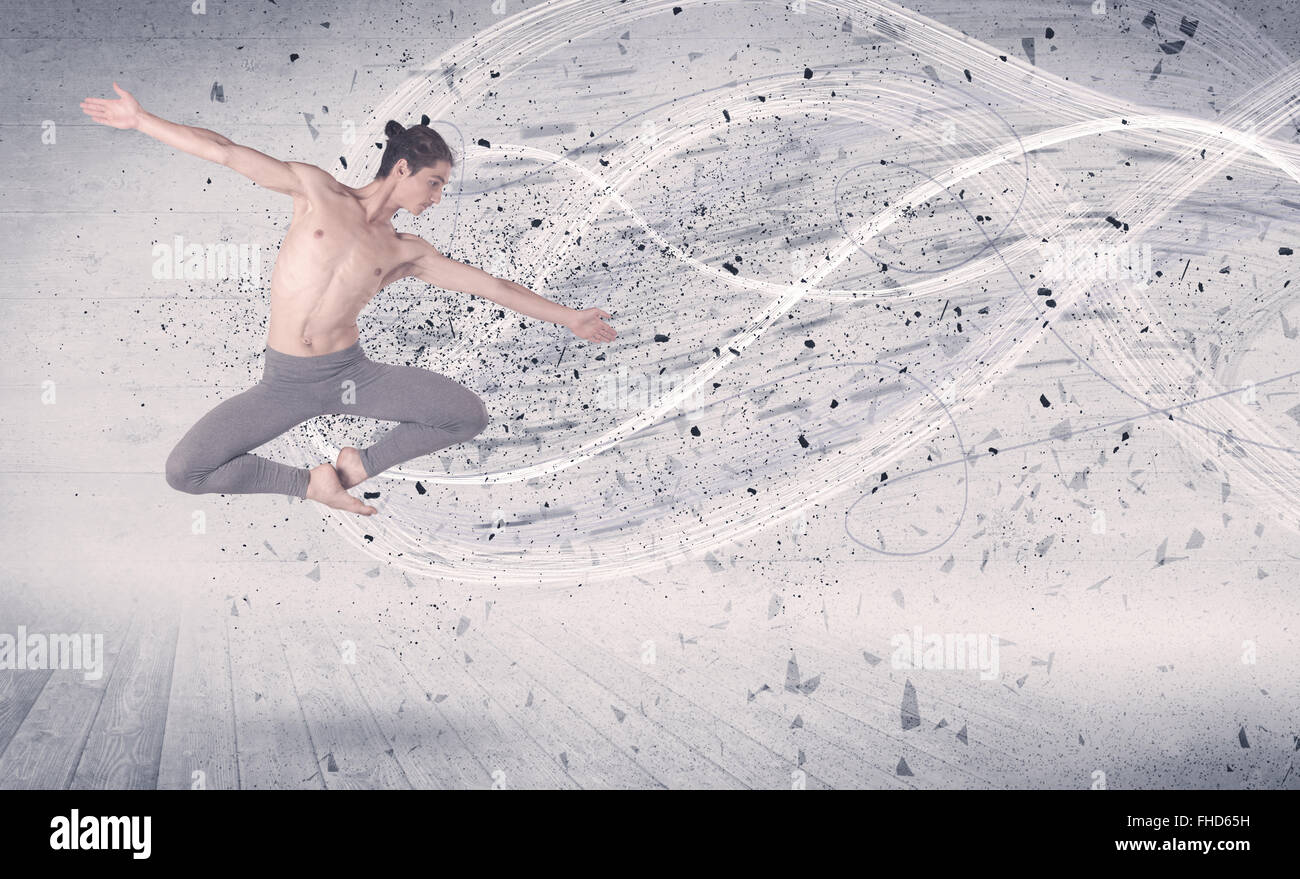 Performance ballet dancer jumping with energy explosion particles Stock ...