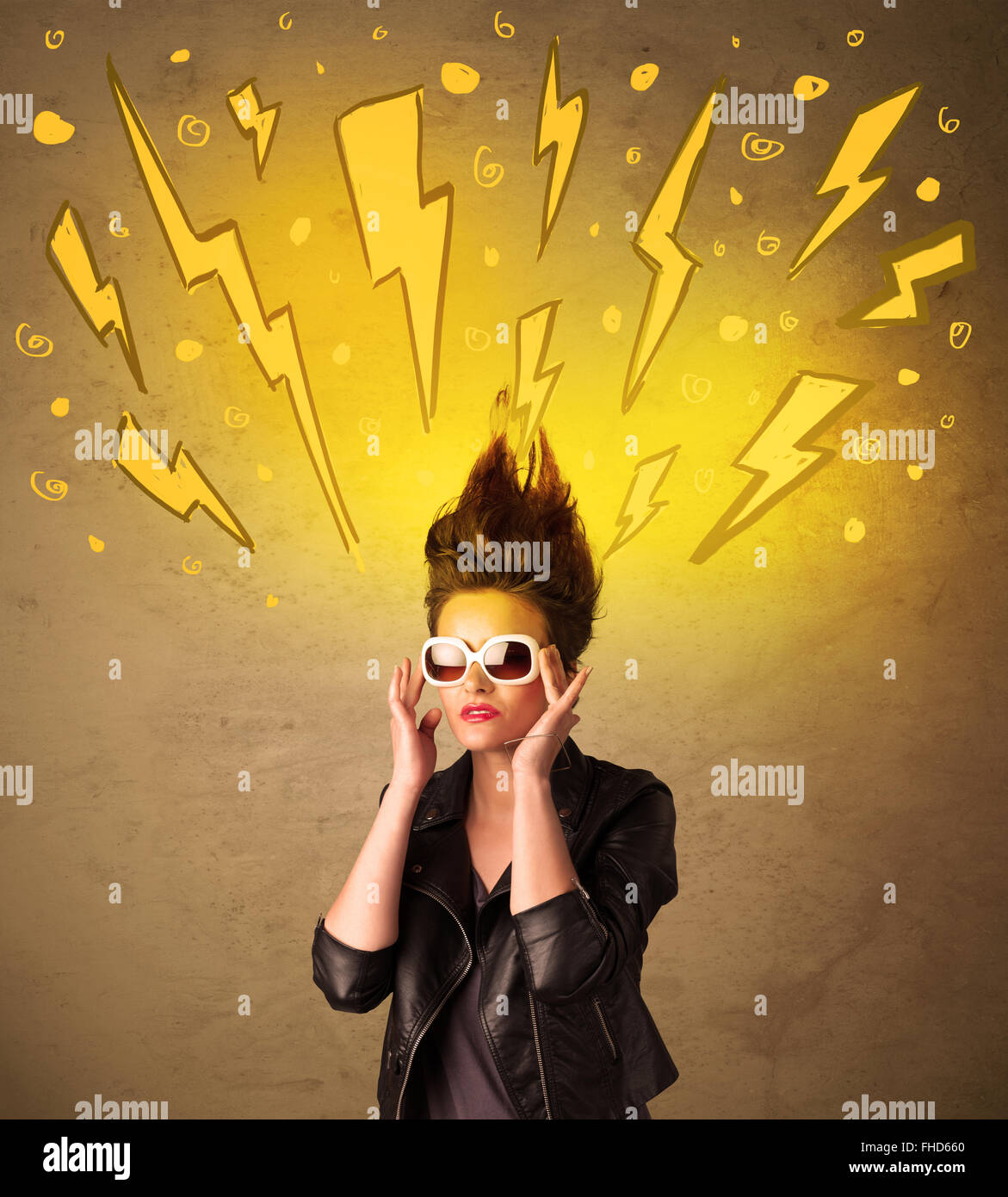 Young woman with hair style and hand drawn lightnings Stock Photo - Alamy
