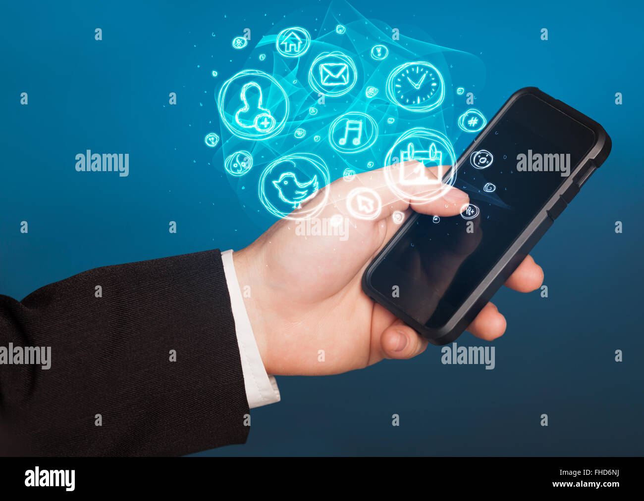 Hand holding smartphone with mobile app choices Stock Photo - Alamy