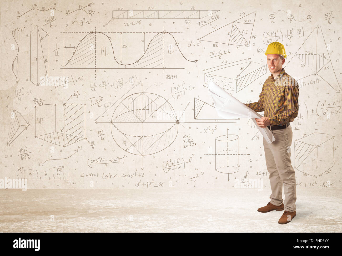 Handsome engineer calculating with hand drawn background Stock Photo ...