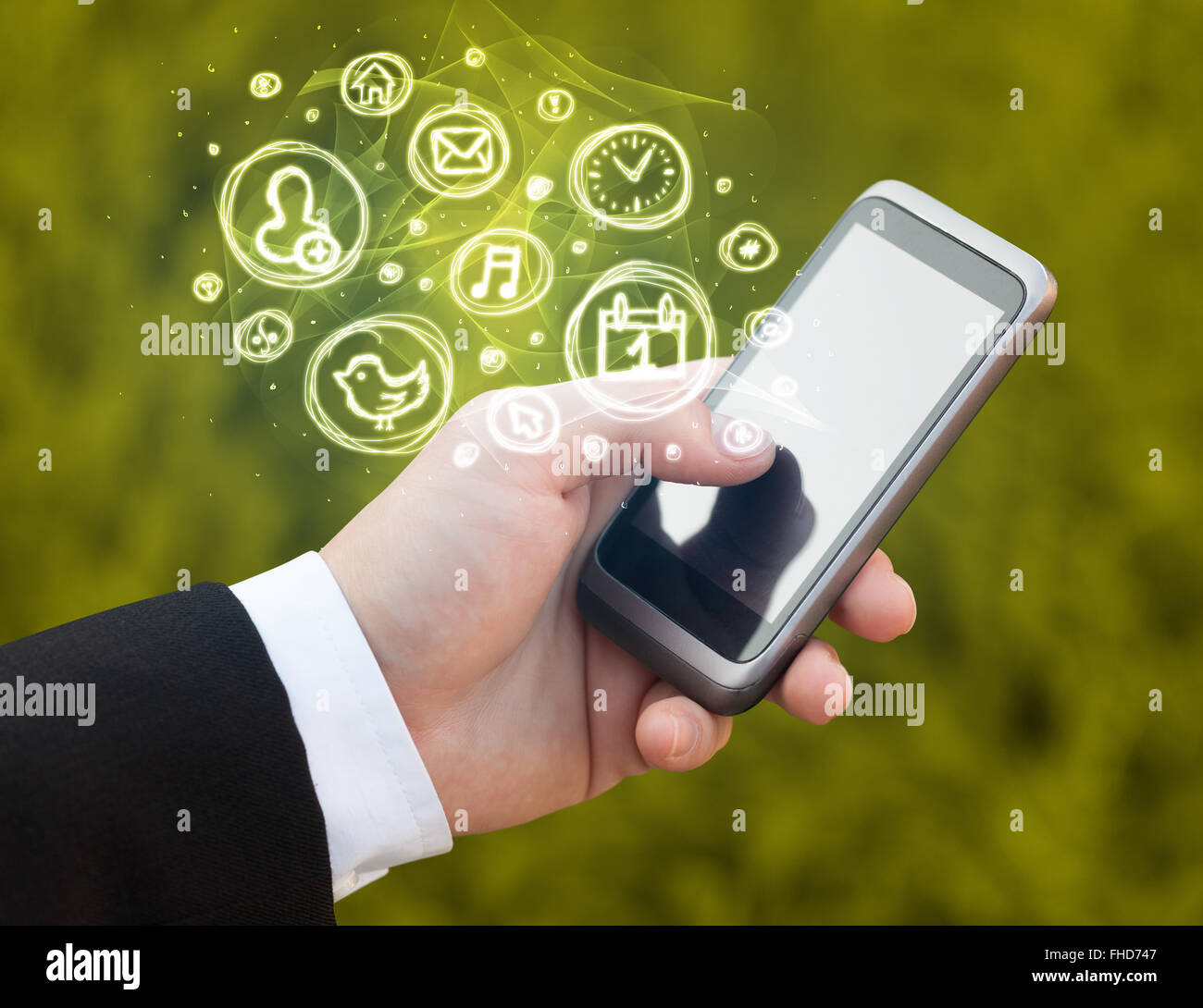 Hand holding smartphone with mobile app choices Stock Photo - Alamy
