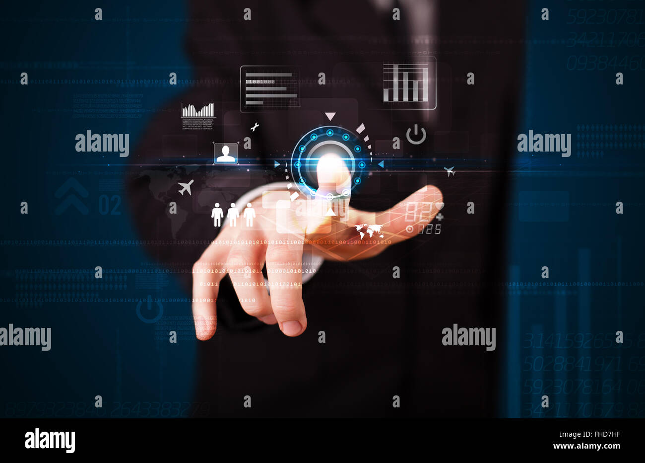 Handsome businessman touching future web technology buttons and icons ...