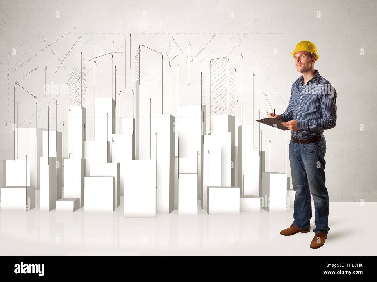 Construction worker planing with 3d buildings in background Stock Photo ...