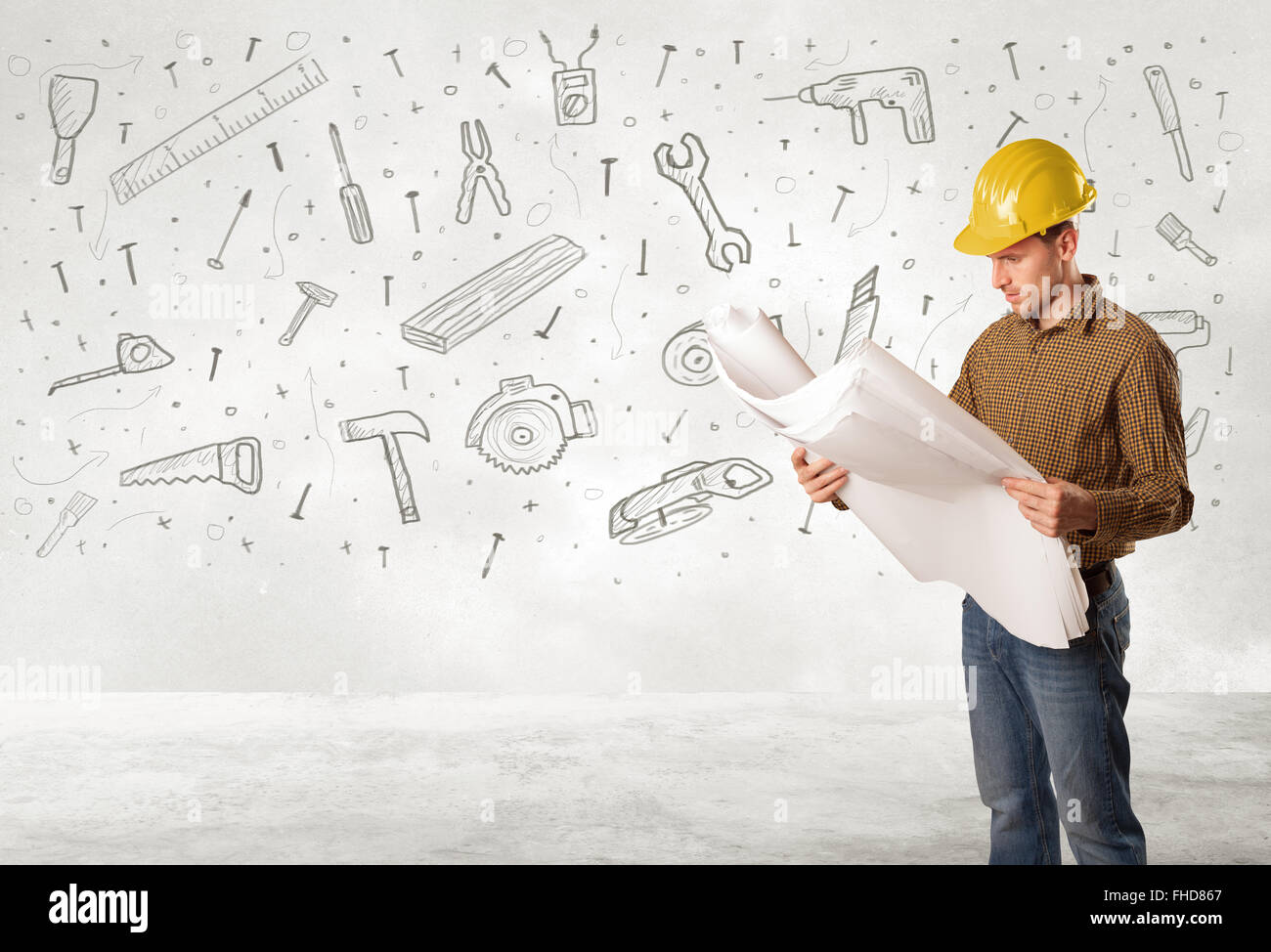 Construction worker planing with hand drawn tool icons Stock Photo - Alamy