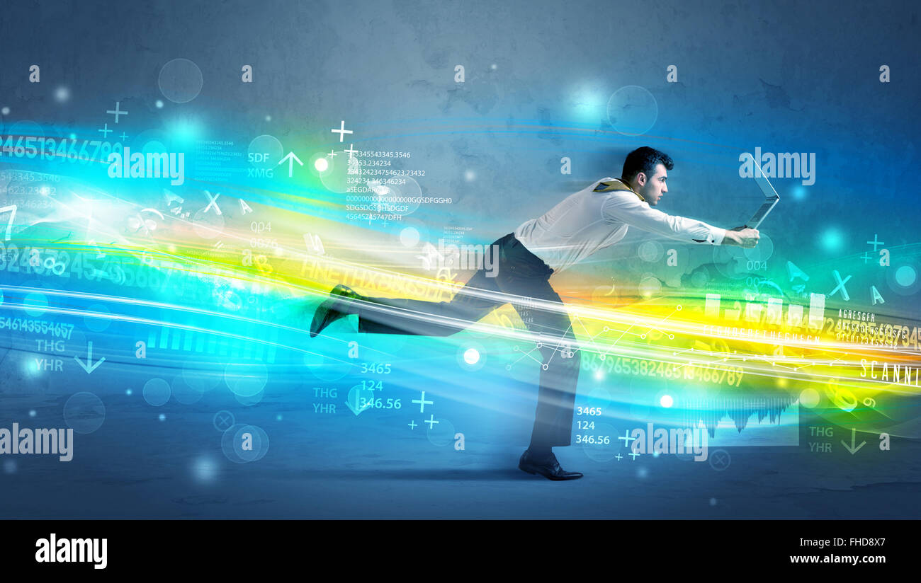Business man running in high tech wave concept Stock Photo - Alamy